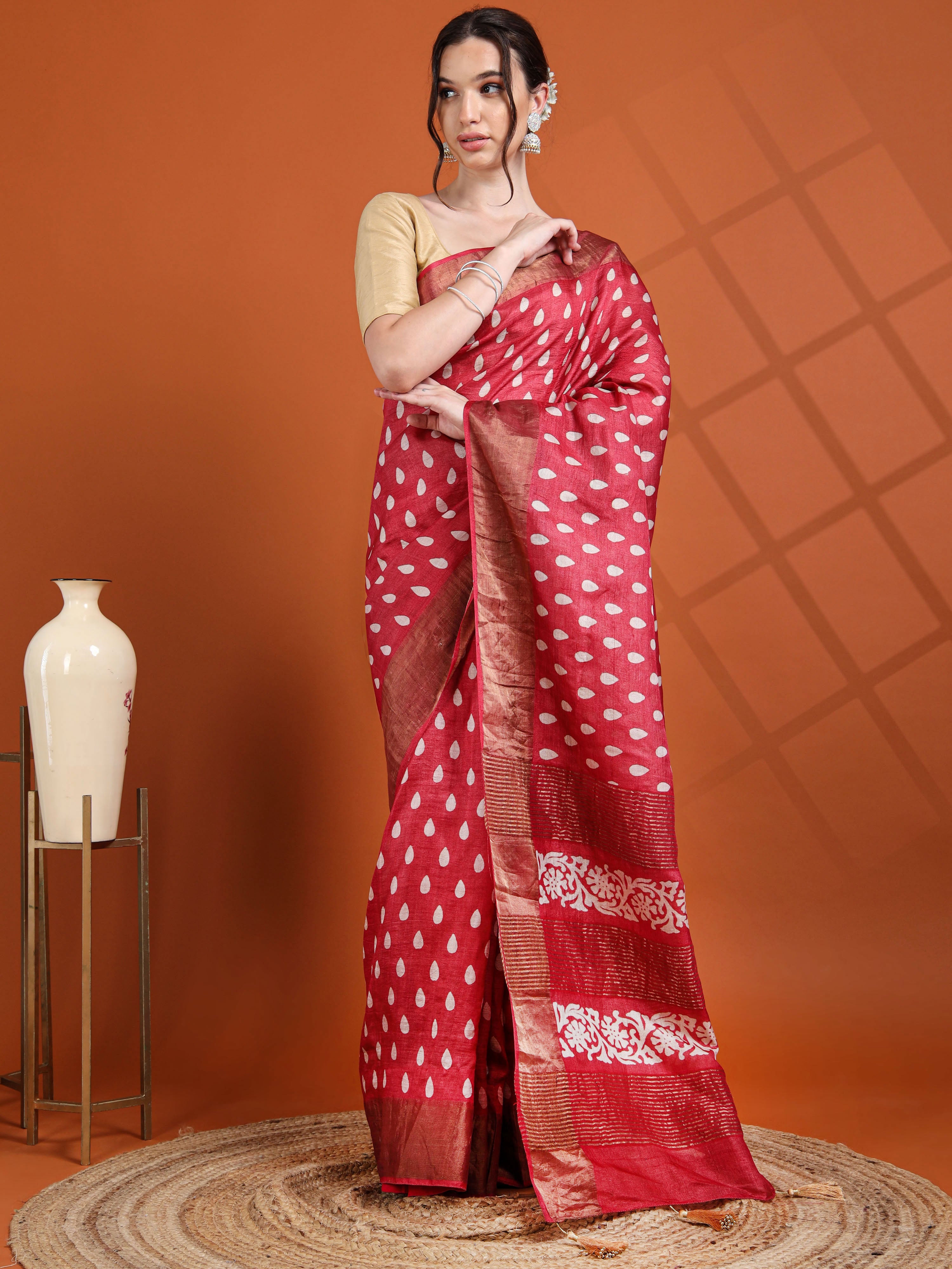 Cherry Pink Tussar Silk Saree with Raindrop Motifs – Laasya Trends